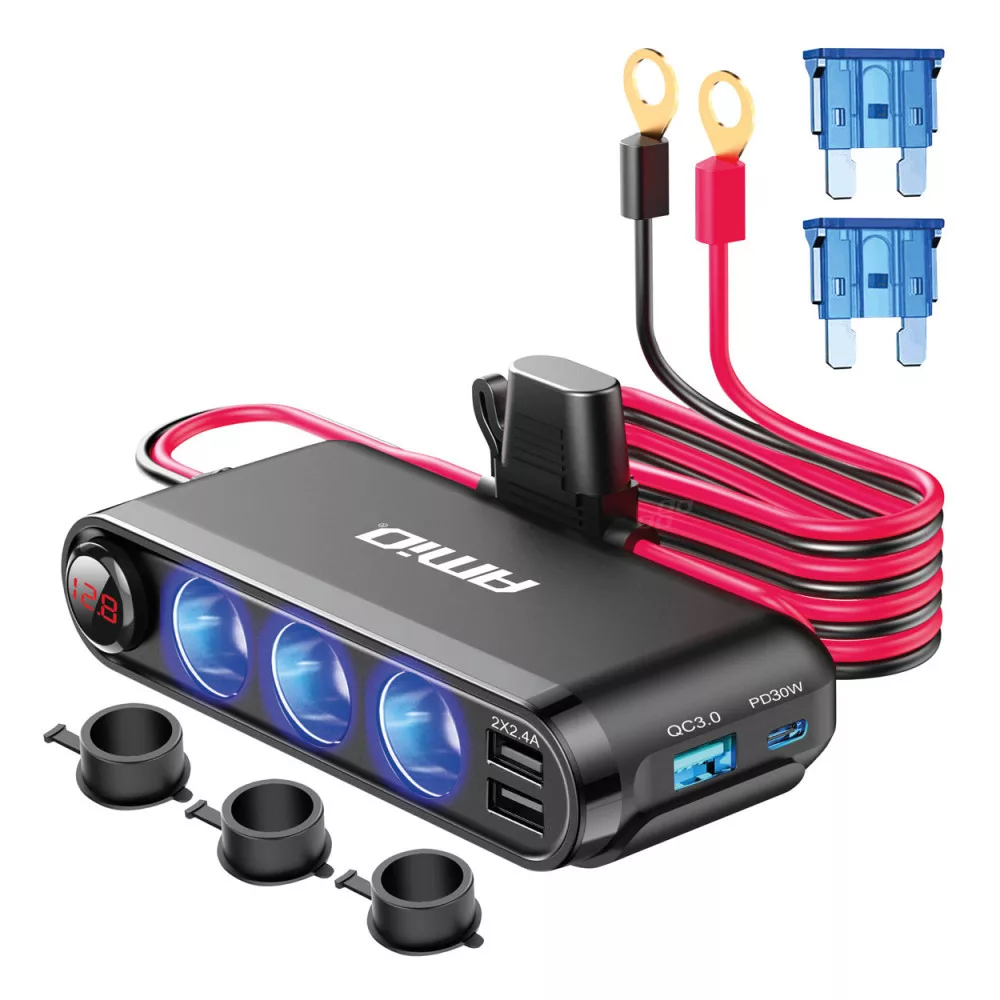 Amio szivargyújtós elosztó Voltmérővel és USB-vel - 12-24V- HO-0503782 - Ex